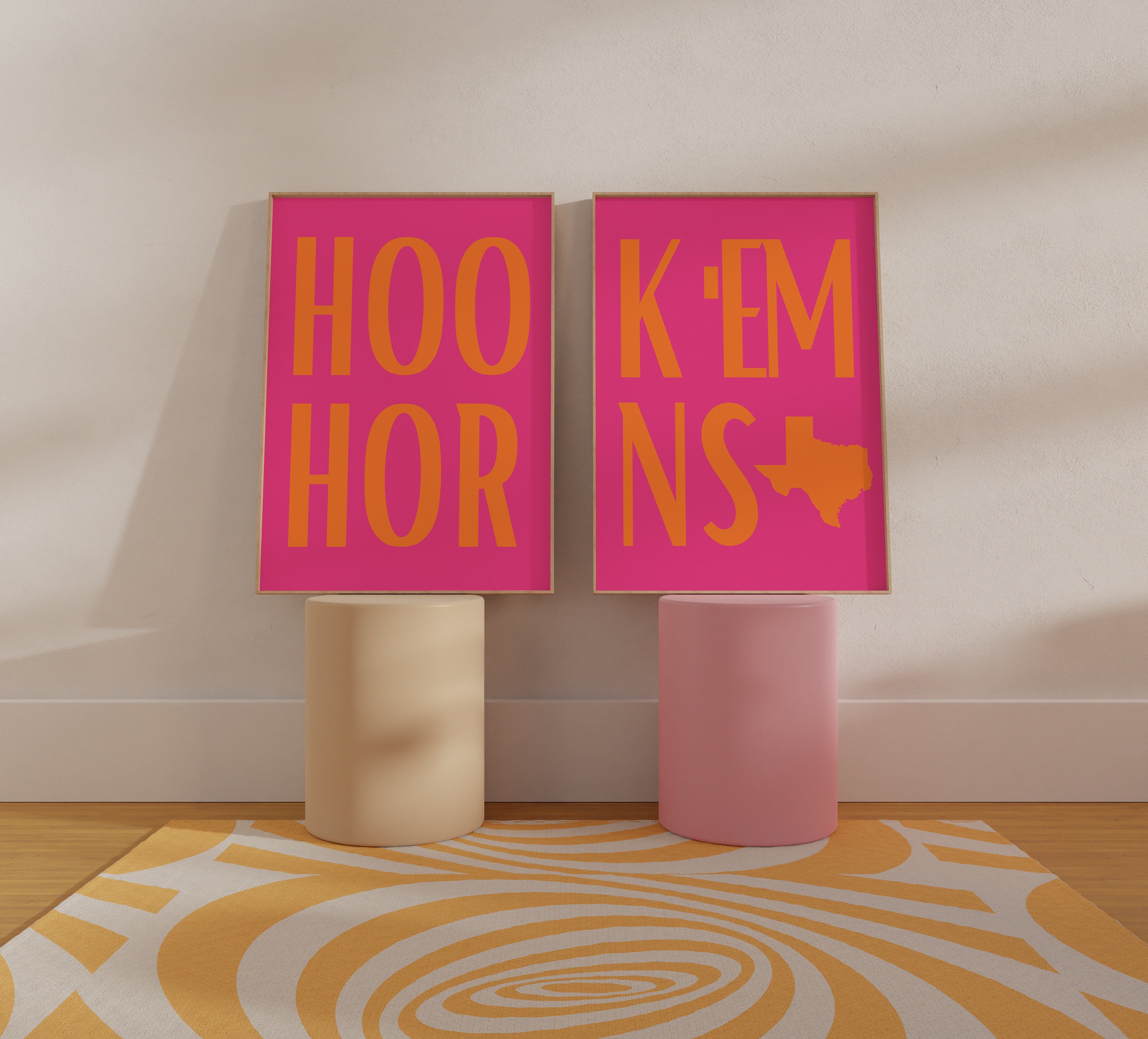 Preppy Hook Em Set of 2 Austin Texas Preppy Room Decor Pink Orange Wall ...