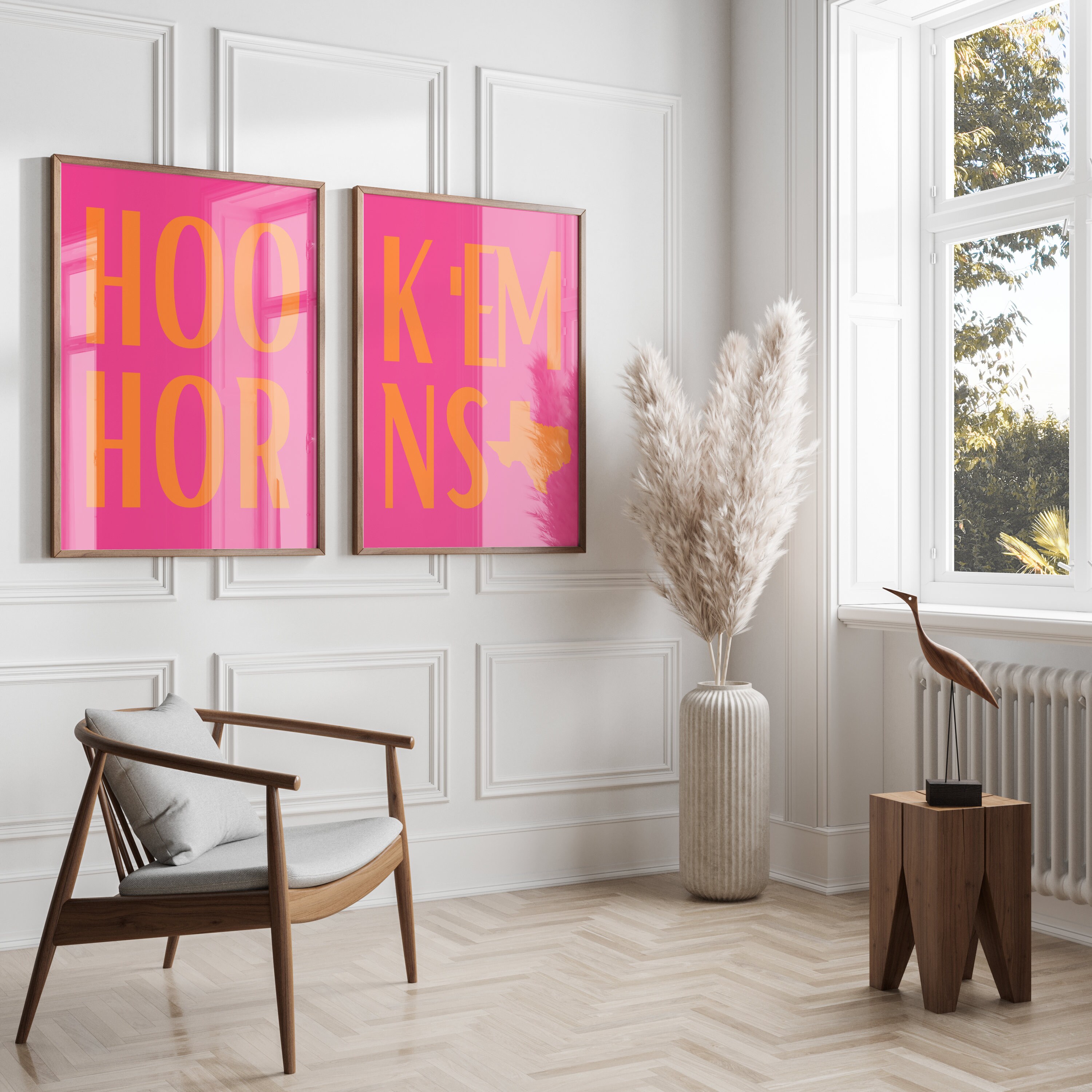 Preppy Hook Em Set of 2 Austin Texas Preppy Room Decor Pink Orange Wall ...