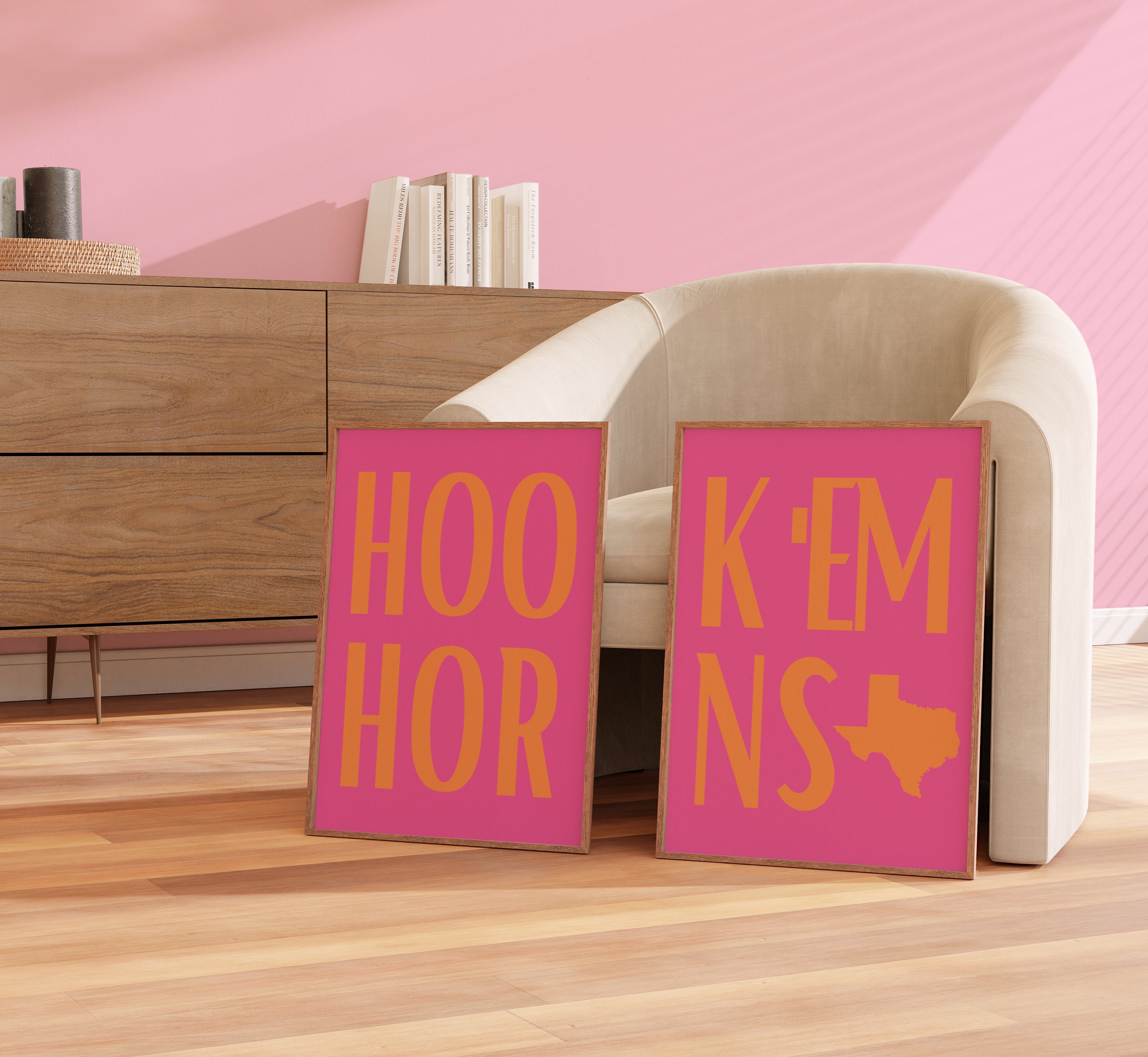 Preppy Hook Em Set of 2 Austin Texas Preppy Room Decor Pink Orange Wall ...