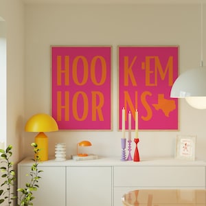 Preppy Hook Em Set of 2 Austin Texas Preppy Room Decor Pink Orange Wall ...
