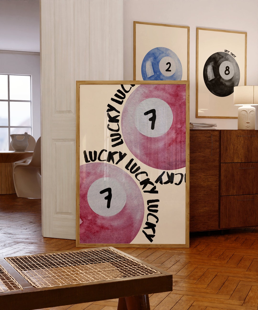 Vintage Pool Ball Print Retro Hand-drawn Wall Art Trendy Lucky 7 Ball ...