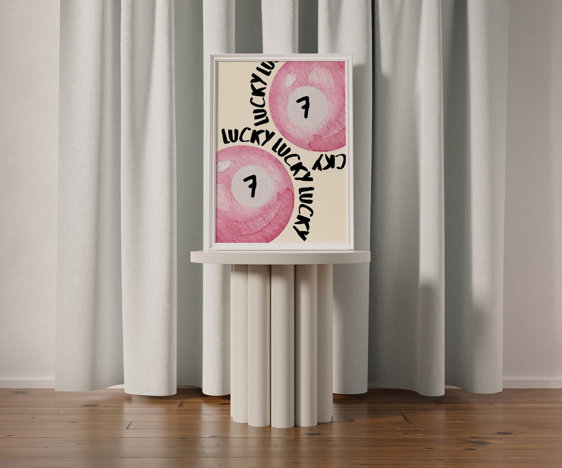 Vintage Pink Pool Ball Print Retro Hand-drawn Wall Art Trendy Lucky 7 ...