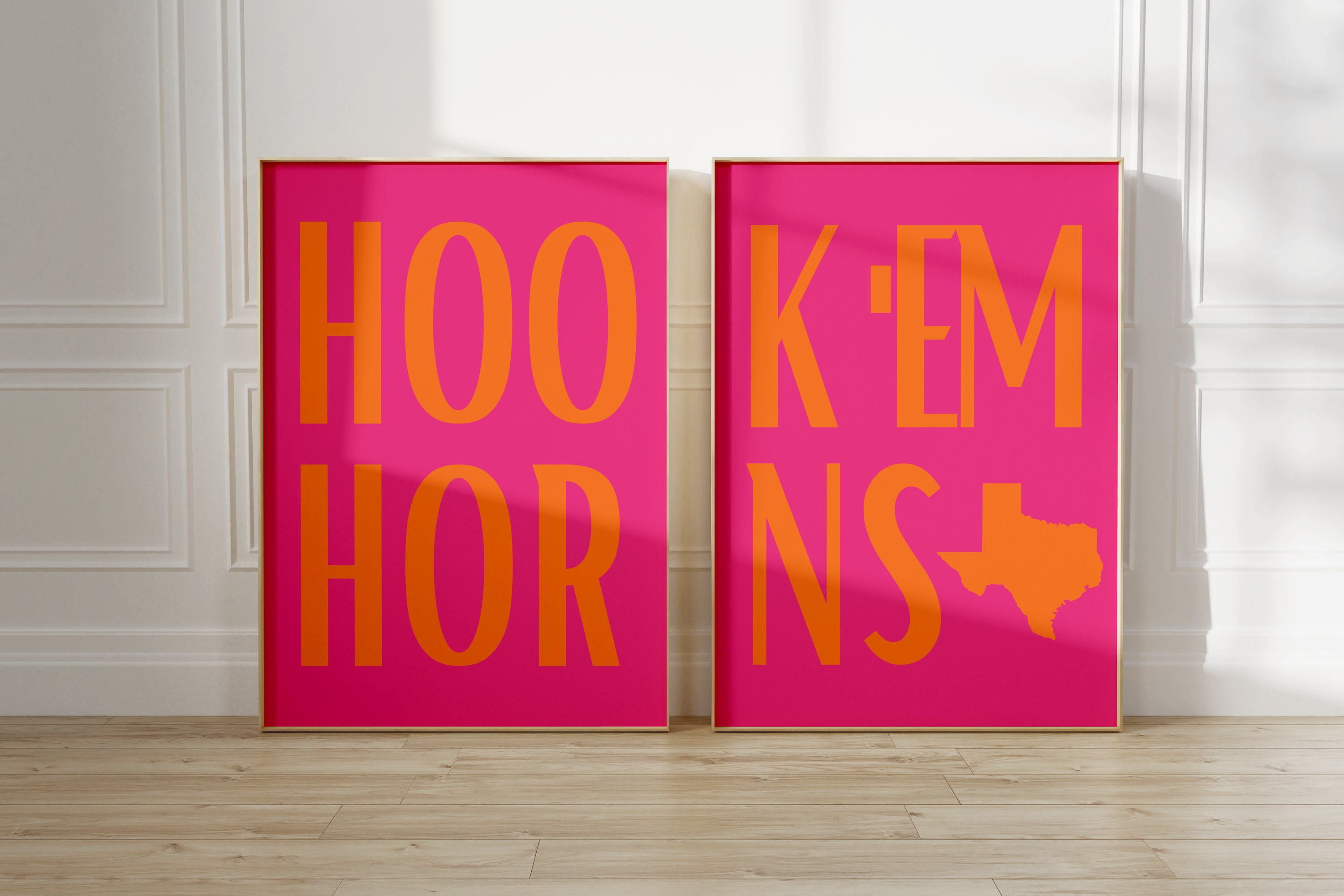 Preppy Hook Em Set of 2 Austin Texas Preppy Room Decor Pink Orange Wall ...