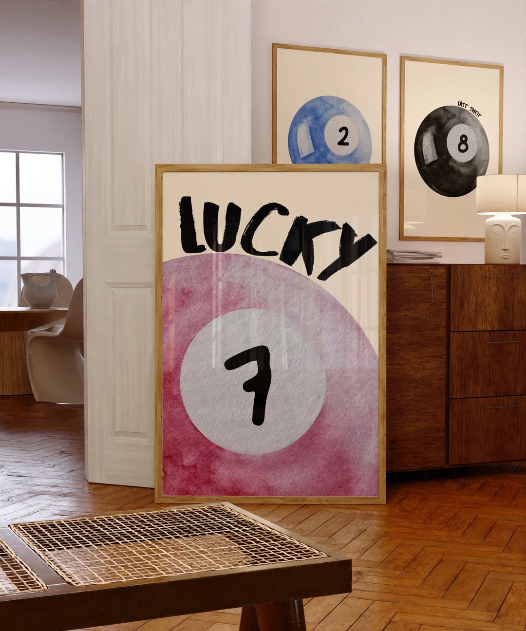 Vintage Pool Ball Print Retro Hand-drawn Wall Art Trendy Lucky 7 Ball ...