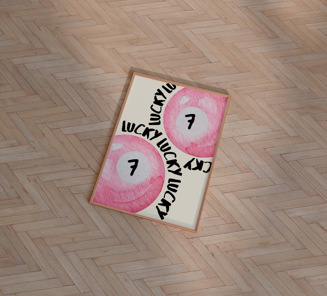 Vintage Pink Pool Ball Print Retro Hand-drawn Wall Art Trendy Lucky 7 ...