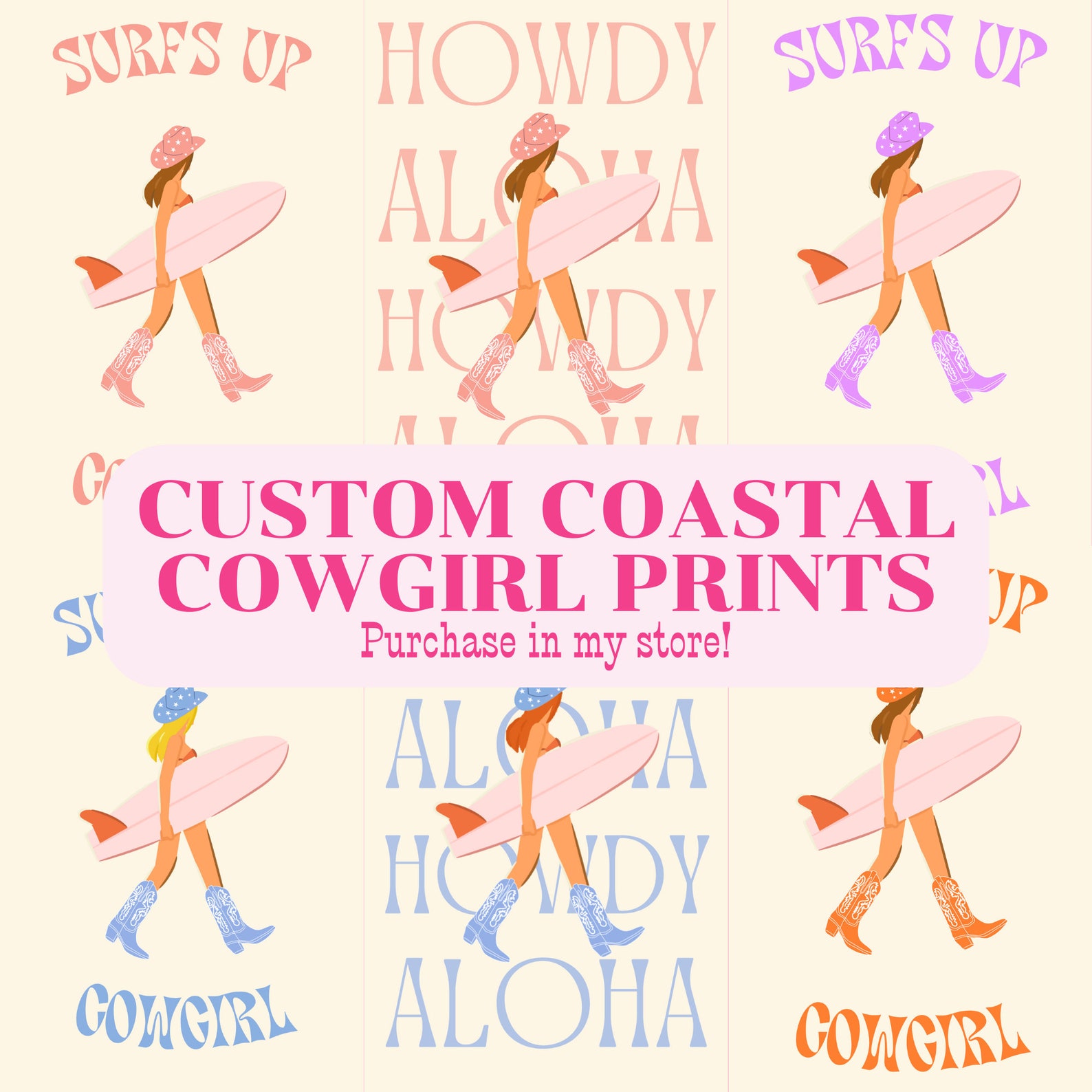 Coastal Cowgirl Printable, Surfs up Coast Cowgirl Print, Cowgirl Surfer ...