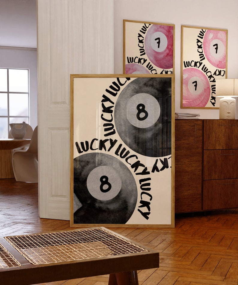 Vintage Pool 8 Ball Print Retro Hand-drawn Wall Art Trendy Lucky 8 Ball ...