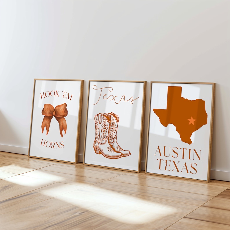 Preppy Austin Texas Set of 3, Trendy Hook Em Prints, Preppy Room Decor ...