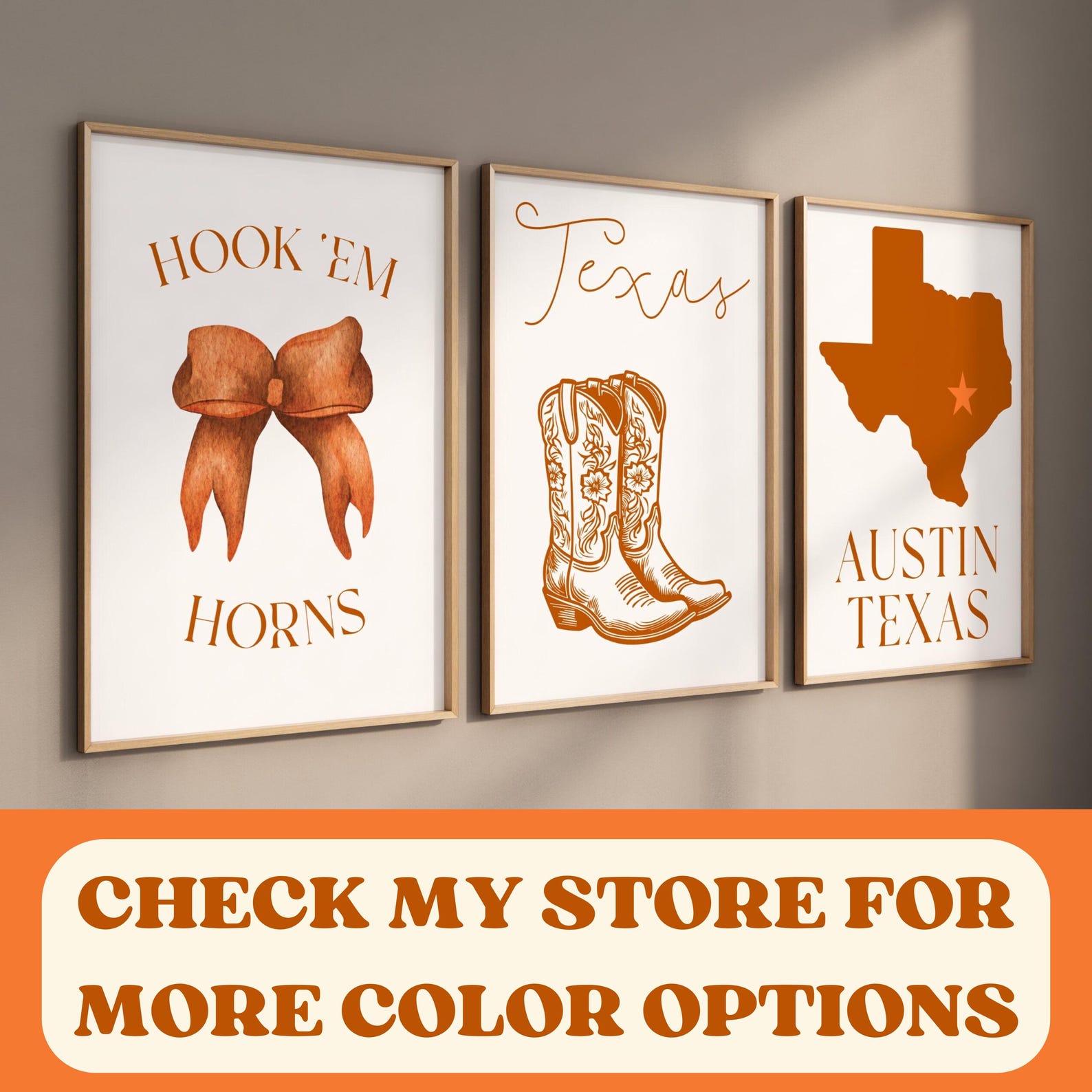 Preppy Blue Austin Texas Set of 3, Trendy Hook Em Prints, Preppy Room ...
