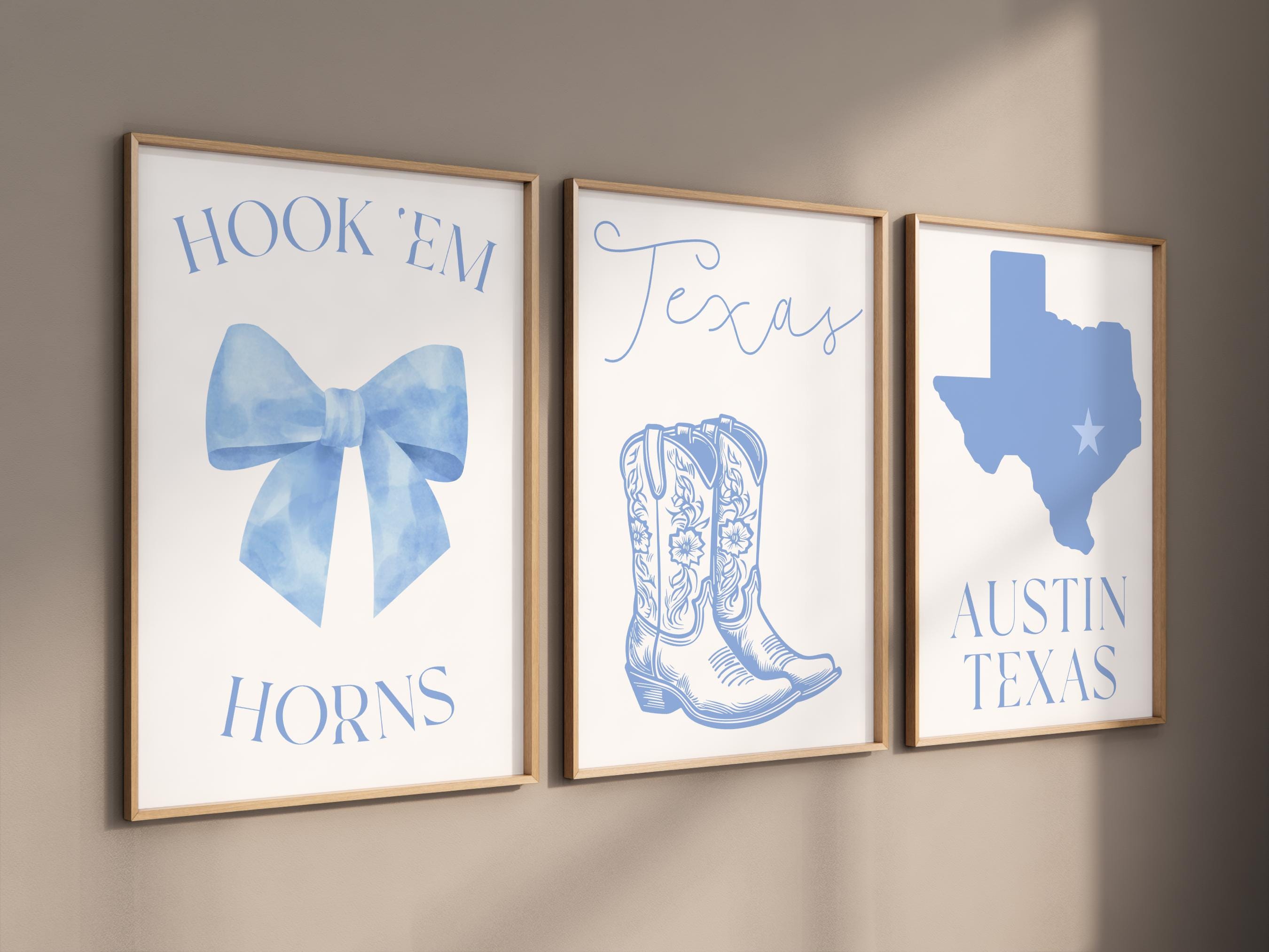 Preppy Blue Austin Texas Set of 3, Trendy Hook Em Prints, Preppy Room ...