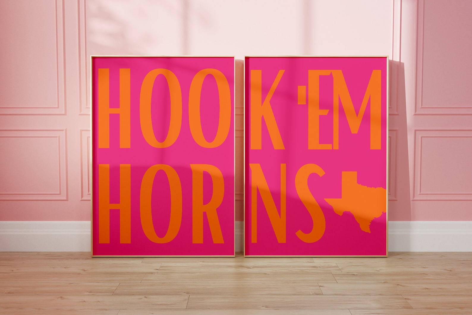 Preppy Hook Em Set of 2 Austin Texas Preppy Room Decor Pink Orange Wall ...