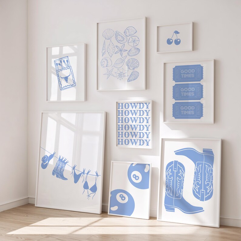 Coastal Cowgirl Blue Gallery Wall Art, Set of 14 Prints, Preppy Dorm ...