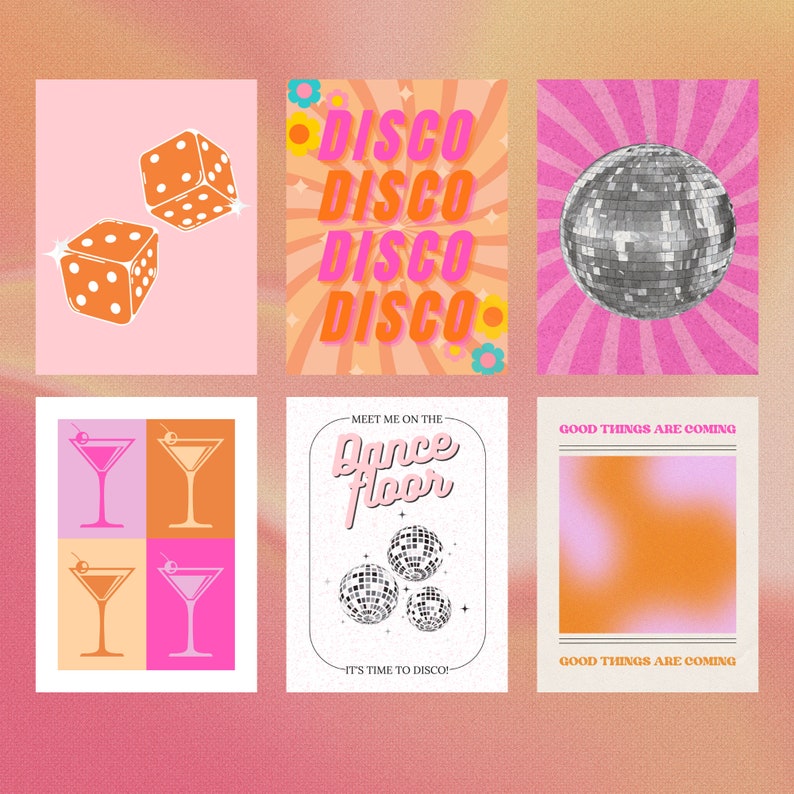 Set of 6 Pink and Orange Gallery Art Trendy Prints College Dorm Art ...