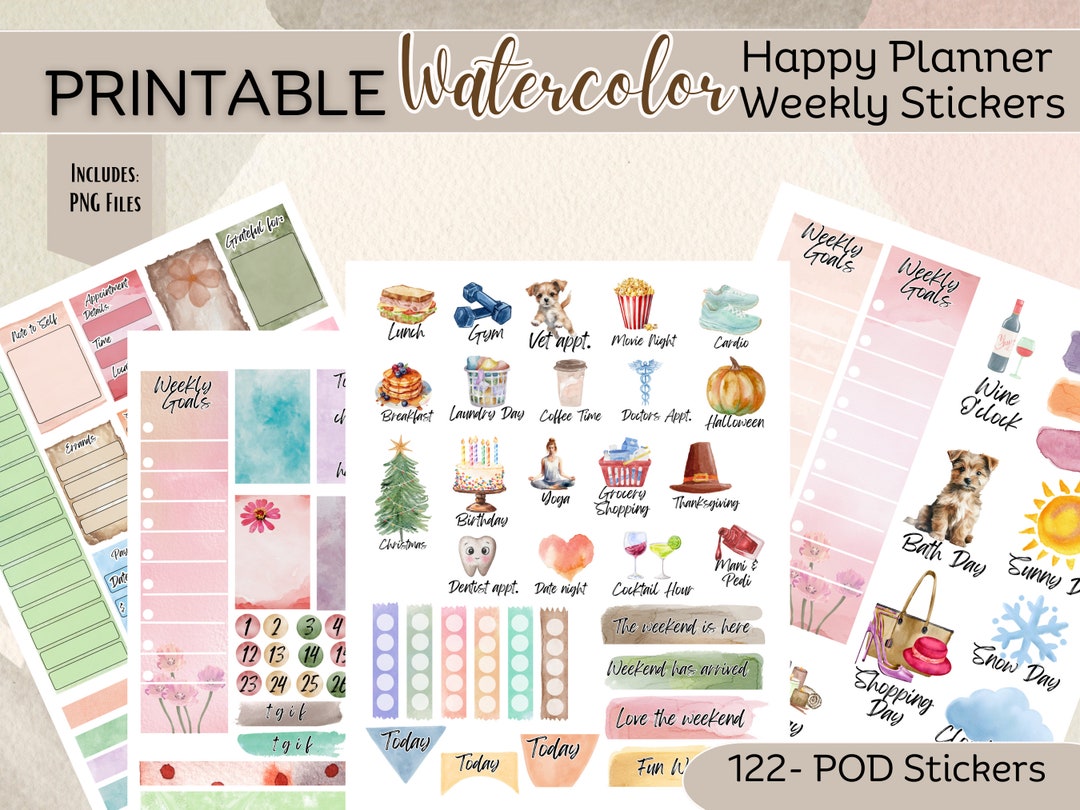 Printable Planner Stickers, Weekly Happy Planner, Watercolor Planner ...