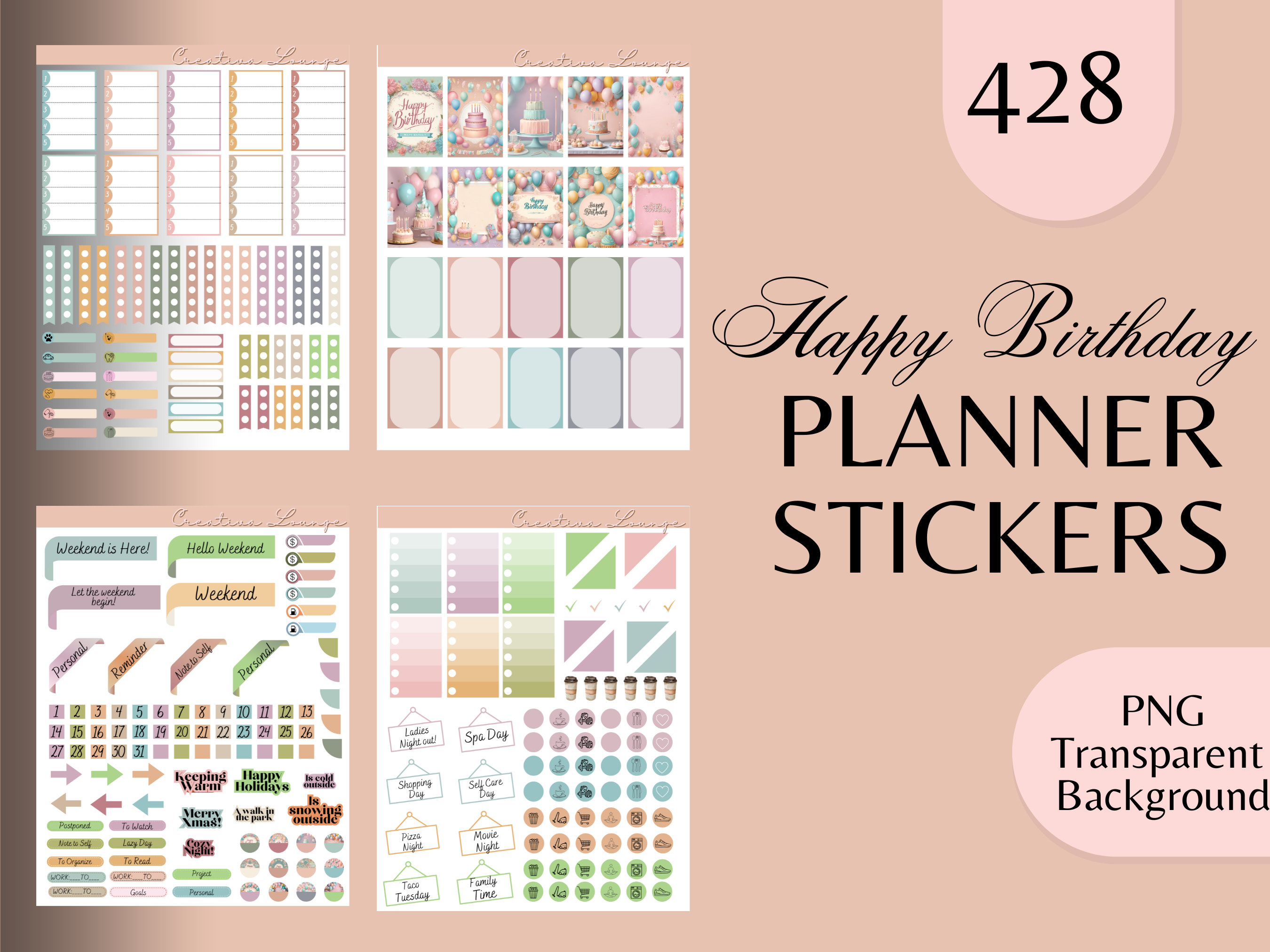 Happy Birthday Digital Planner Sticker, Transparent Background Digital ...