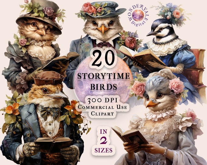 11 Bird Reading Book Clipart Bundle, Whimsical Storytime Illustration ...