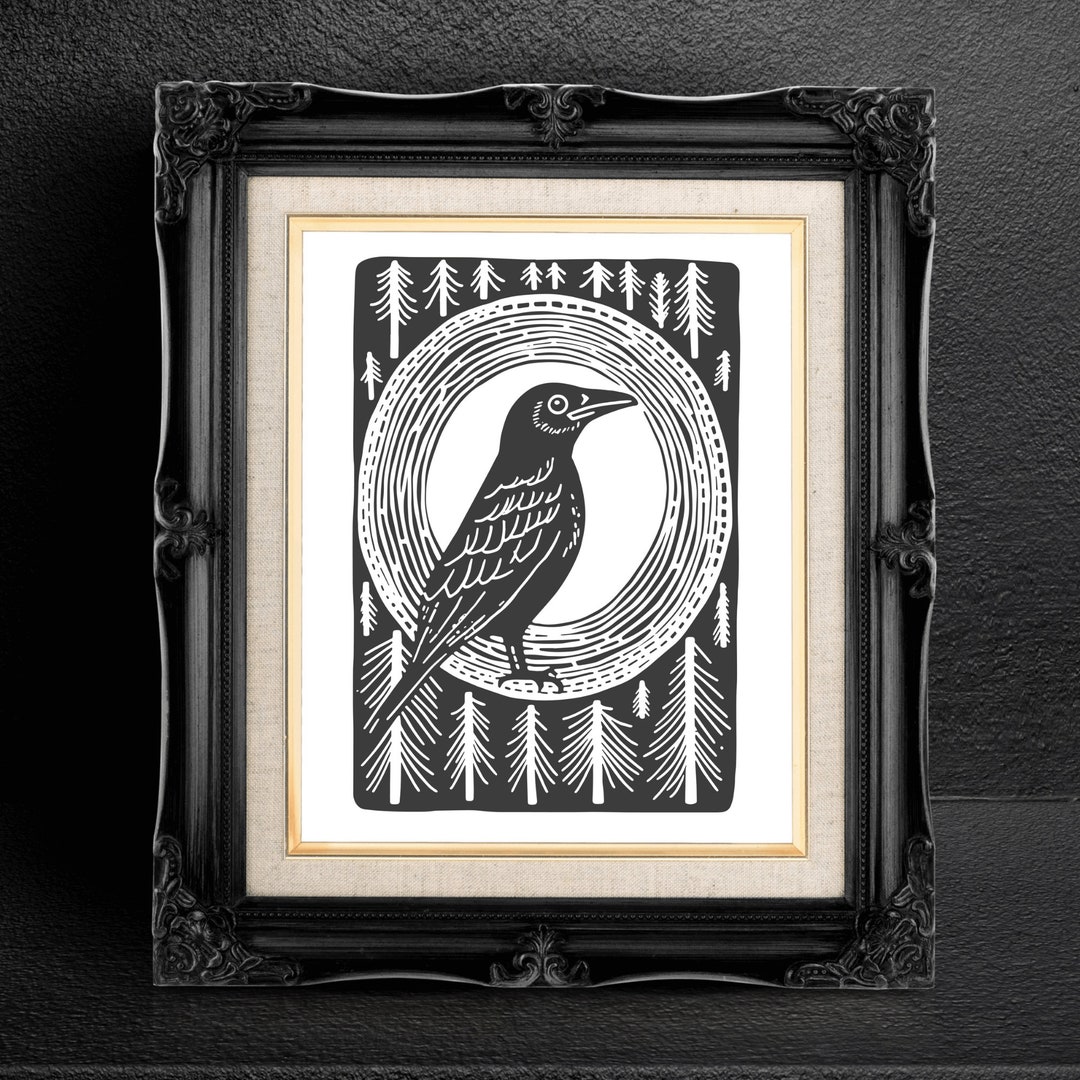 Whimsigoth Linocut Inspired Raven In The Moonlight Digital Print