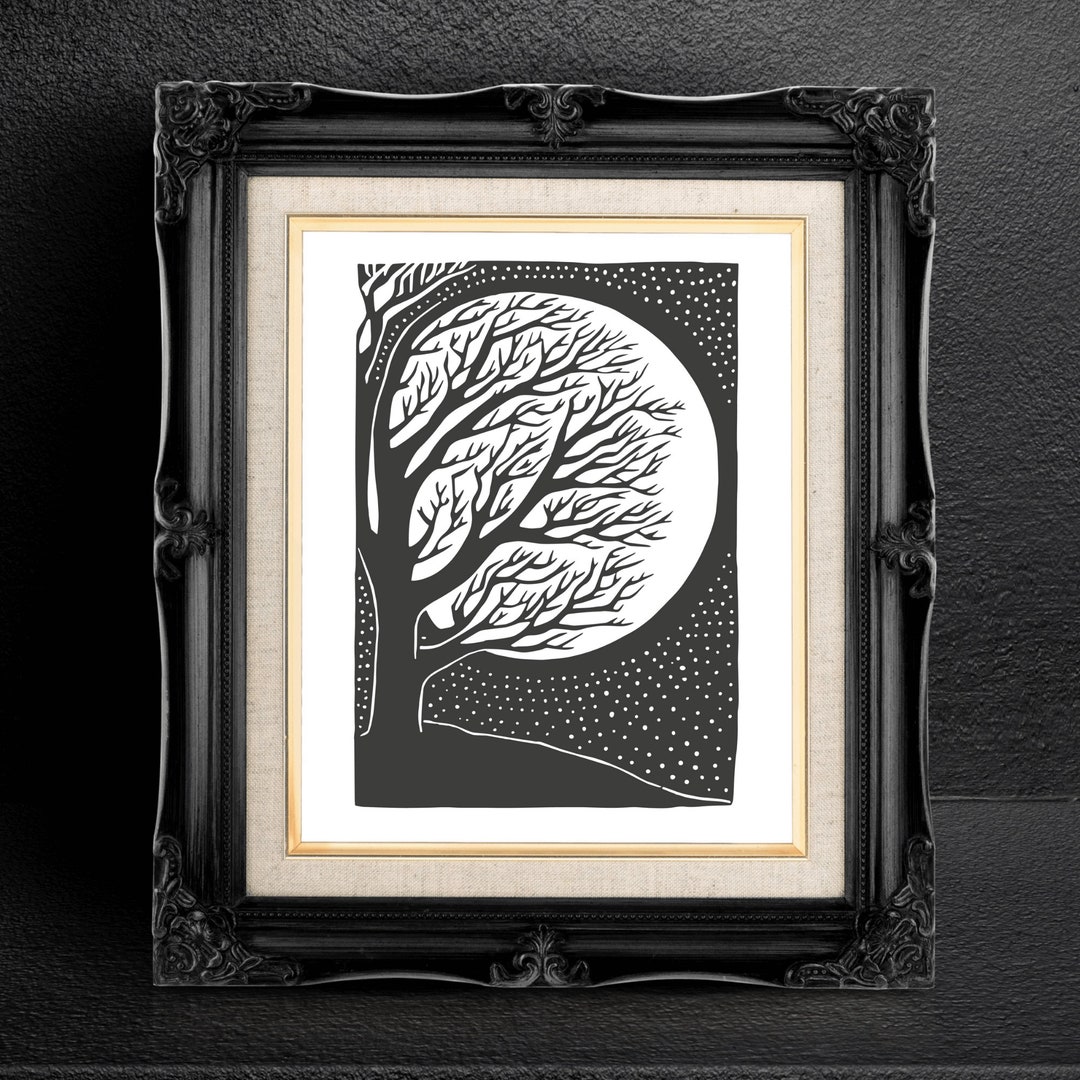 Full Moon: Whimsical Moon Linocut Print - Gothic Decor Printable Wall ...