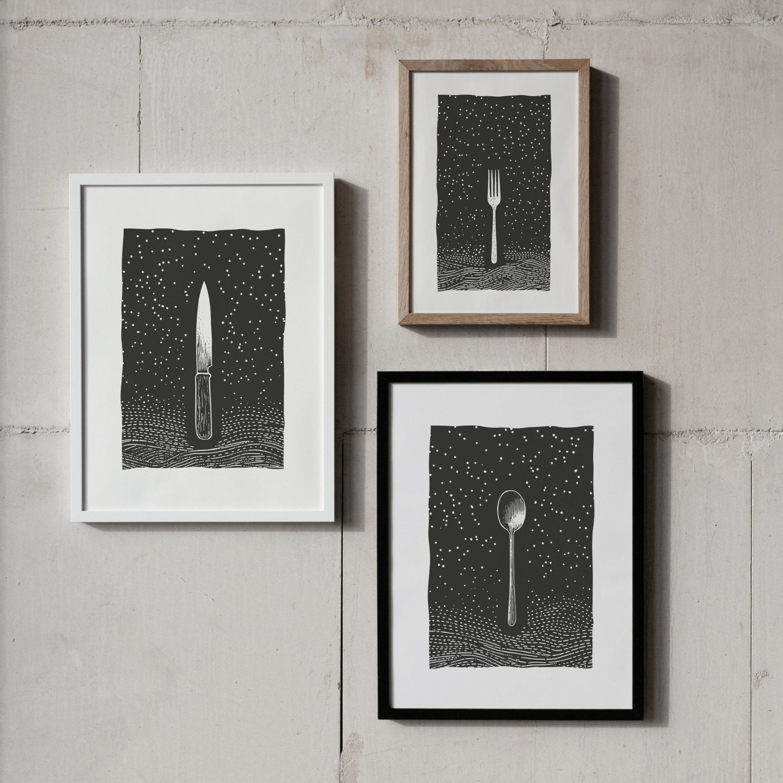 Fork, Knife & Spoon Printable Wall Art Set of 3: Linocut Inspired ...