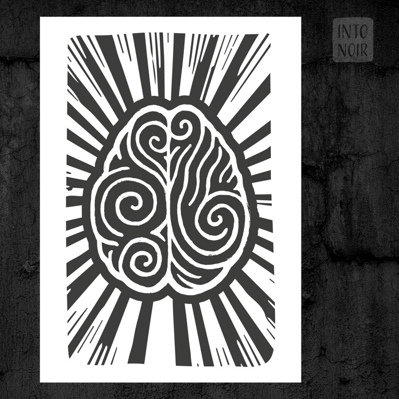 Noir Neuro: Brain Linocut Greeting Card - Instant Download - Etsy