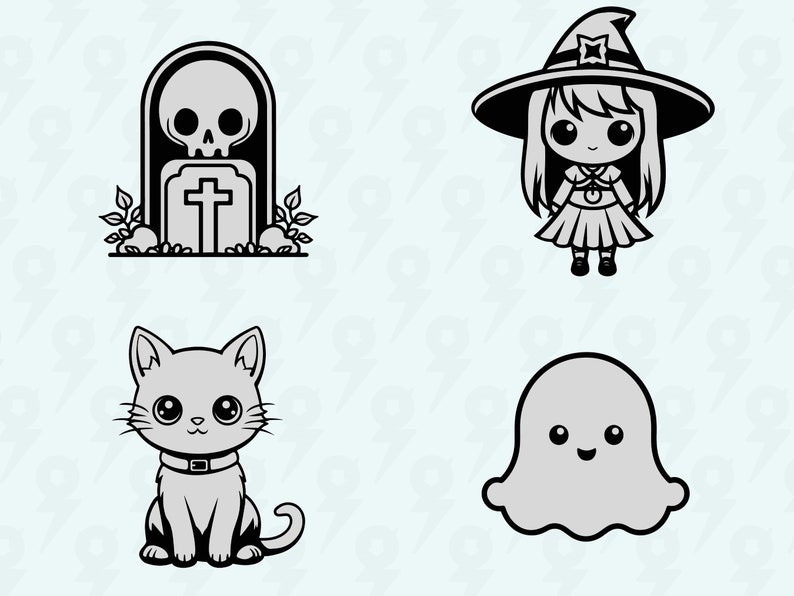 Cute Kawaii Vector SVG Halloween Clipart Bundle, Witch Cat, Jack O ...