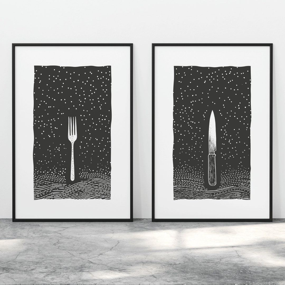 Fork and Knife Printable Wall Art, Set of 2: Linocut Inspired Gothic ...