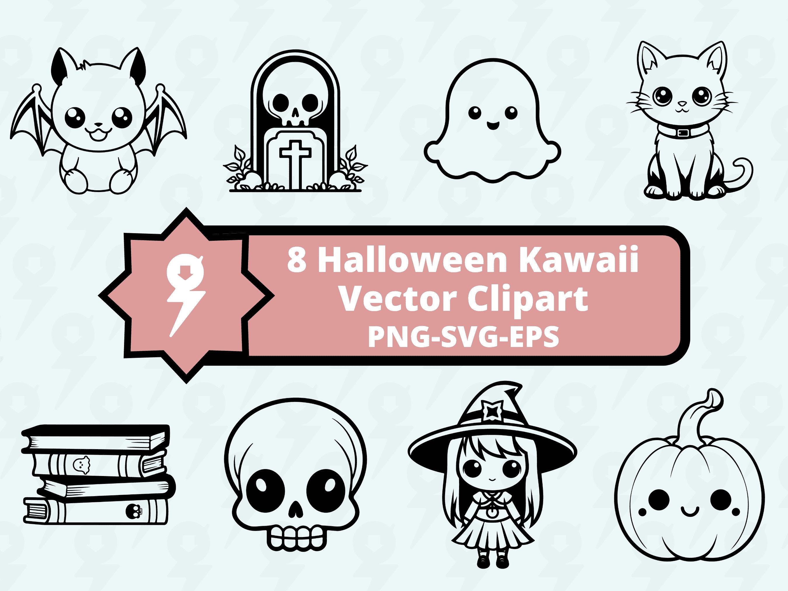 Cute Kawaii Vector SVG Halloween Clipart Bundle, Witch Cat, Jack O ...
