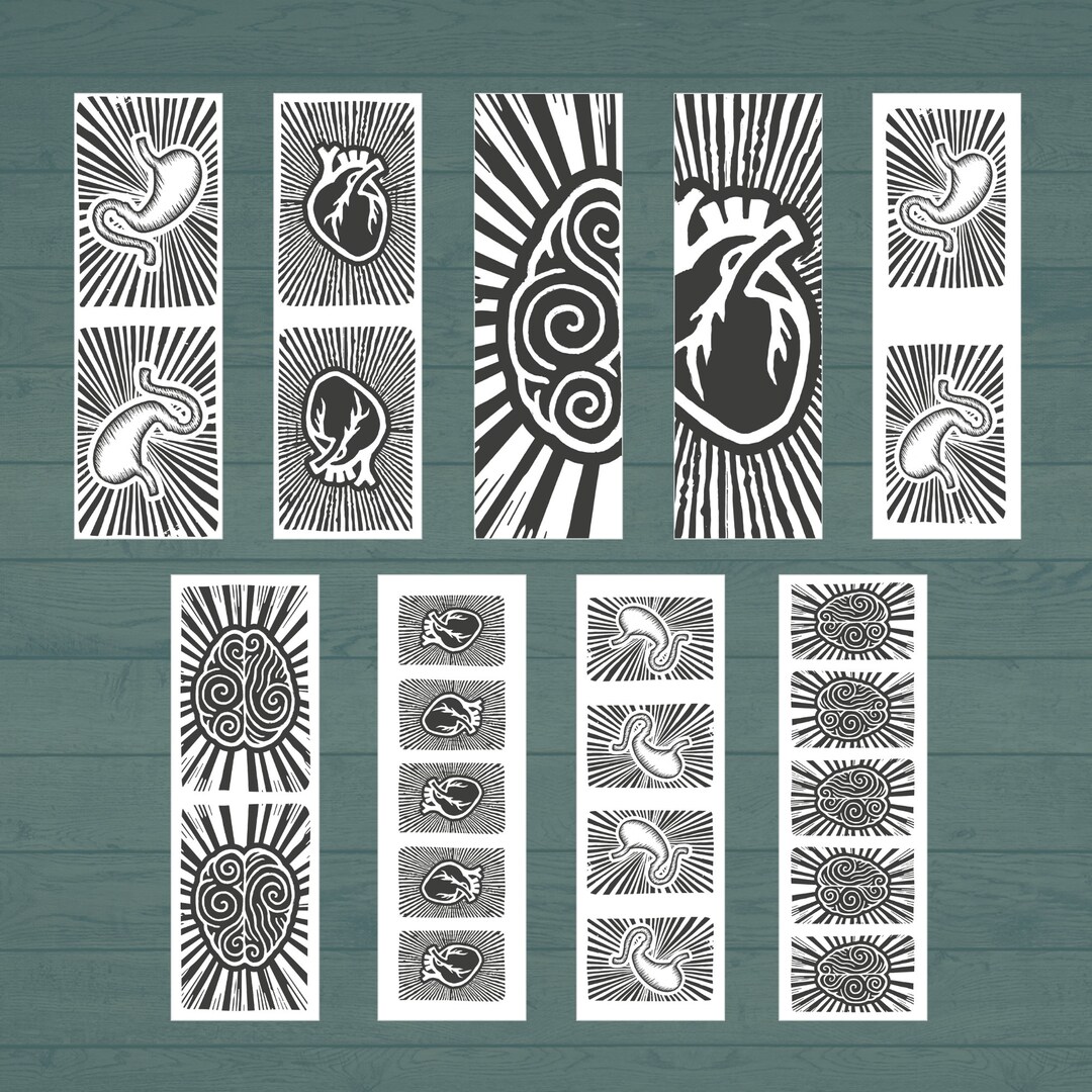 Medical Triptych: Linocut Bookmark Brain, Stomach, and Anatomical Heart ...