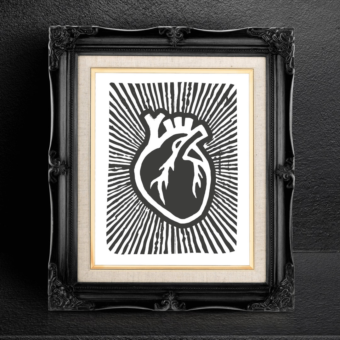 Cardiac Noir: Anatomical Heart Linocut Print - Medical Decor ...