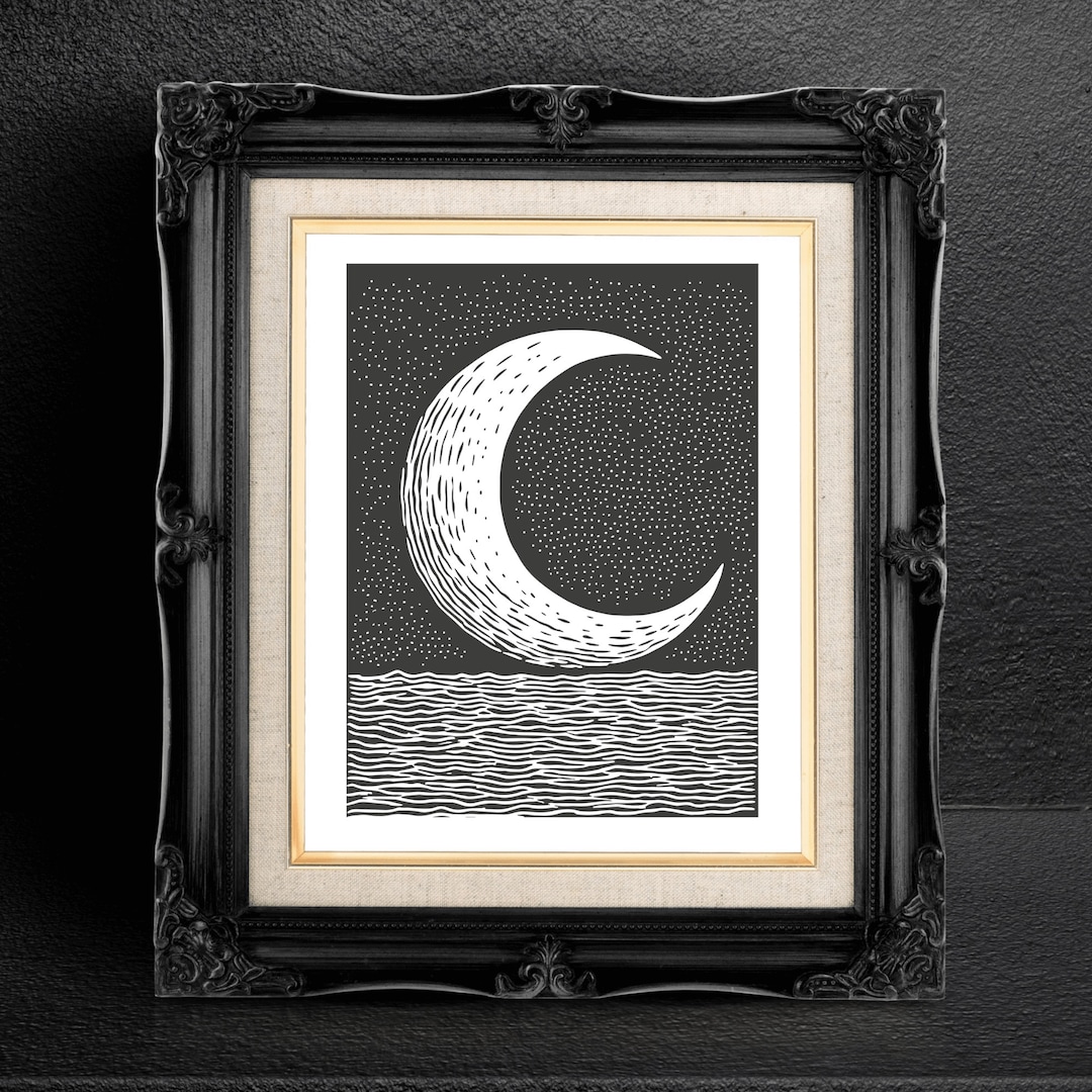 Waning Crescent Moon: Whimsical Moon Linocut Inspired Print - Gothic ...