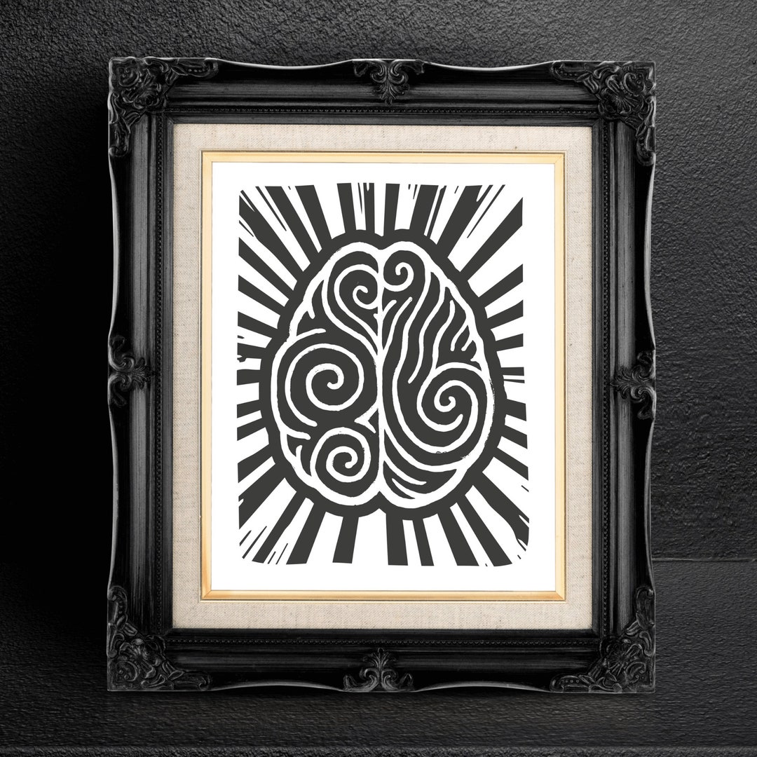 Noir Neuro: Minimalistic Brain Linocut Print for Medical Decor & Unique ...