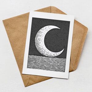 Waning Crescent Moon Printable Greeting Card: Whimsical Moon Linocut ...