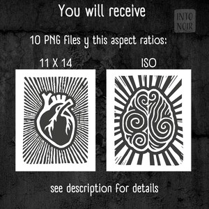 Monochrome Mind and Heart Set of 2: Elegant Linocut Prints of the Brain ...