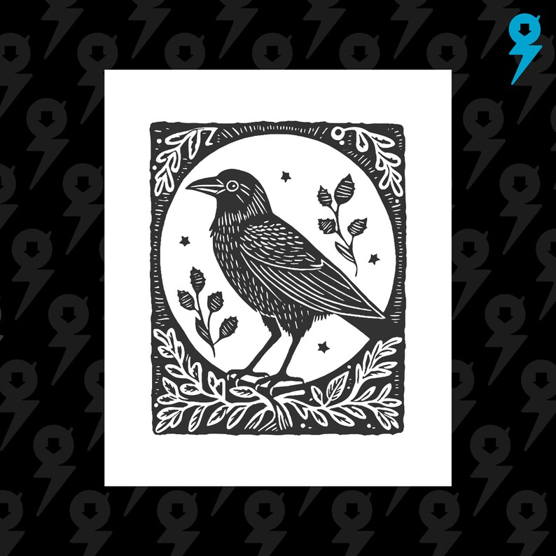 Raven With Plants Linocut Inspired Wall Art No 10 Dark Academia