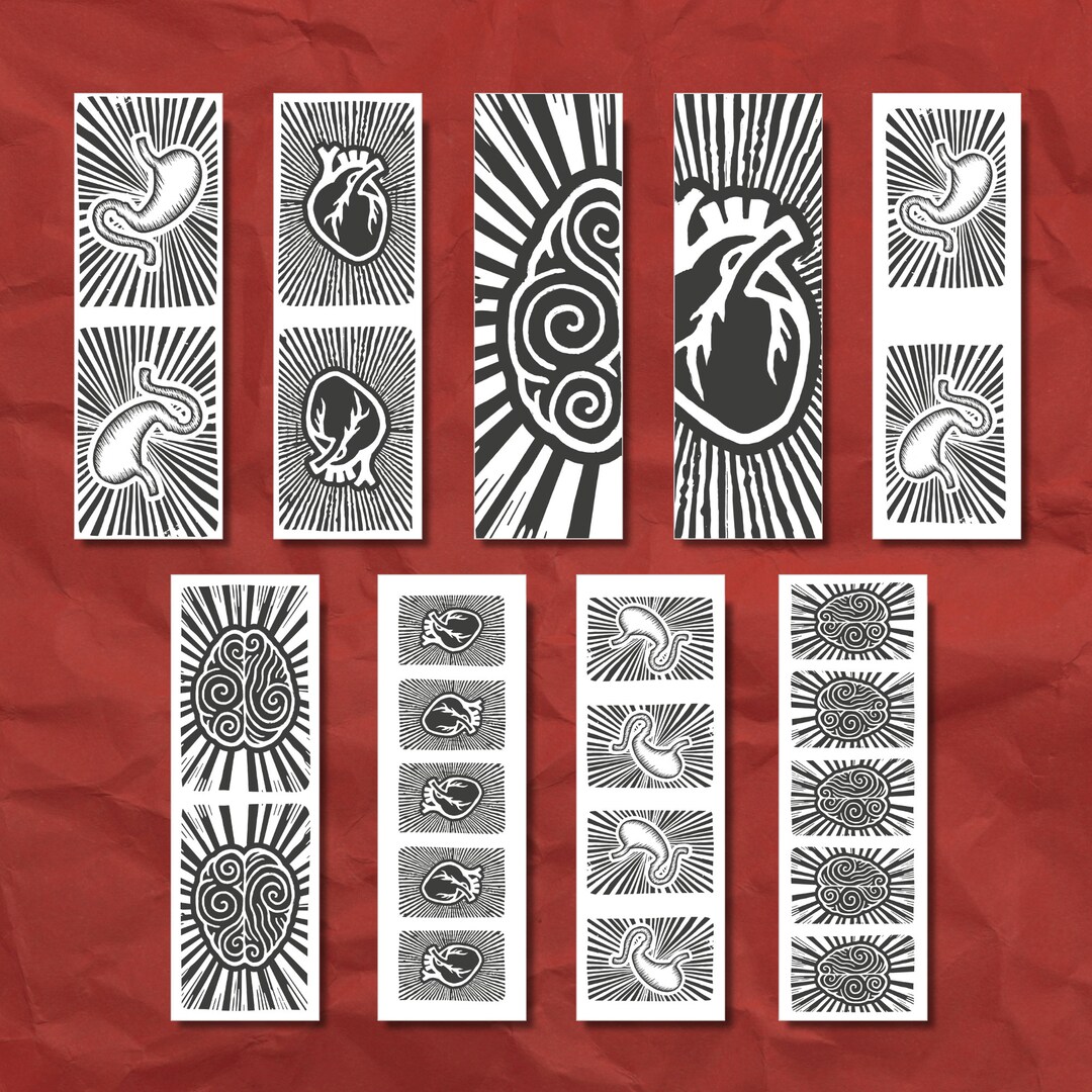 Medical Triptych: Linocut Bookmark - Brain, Stomach, and Anatomical ...