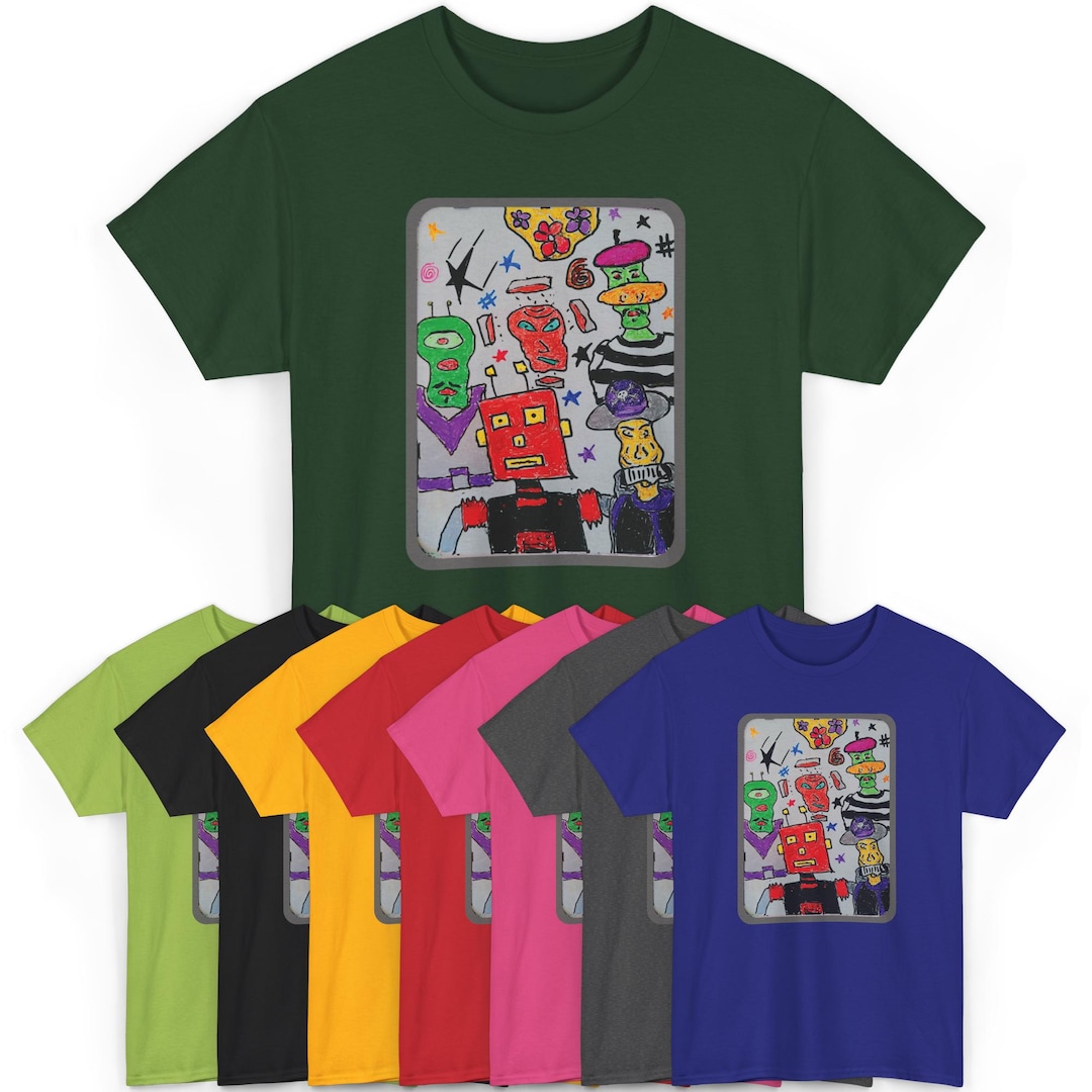 T Shirt Graphic Robots Aliens Doodle Crew Neck Wearable Art Graphic ...
