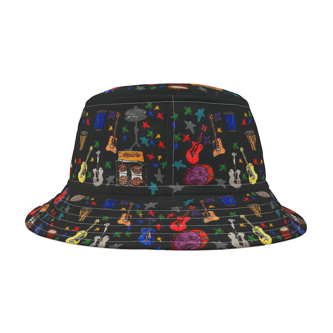 Bucket Hat Black Music Print Drums Guitars Amp Print Colorful Doodle ...