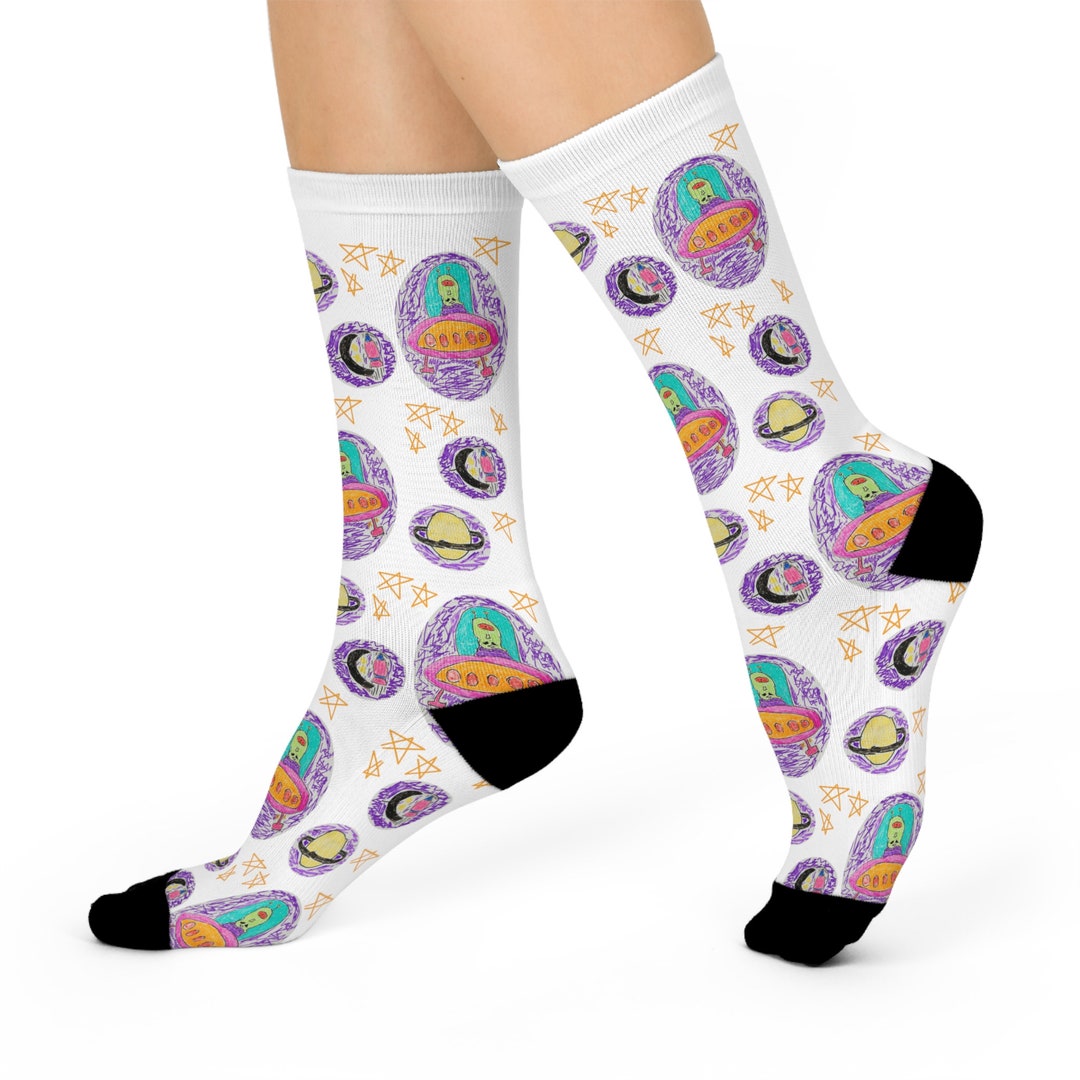 Socks White Alien Flying Saucer Planets Cushioned Crew Doodle Art Hand ...