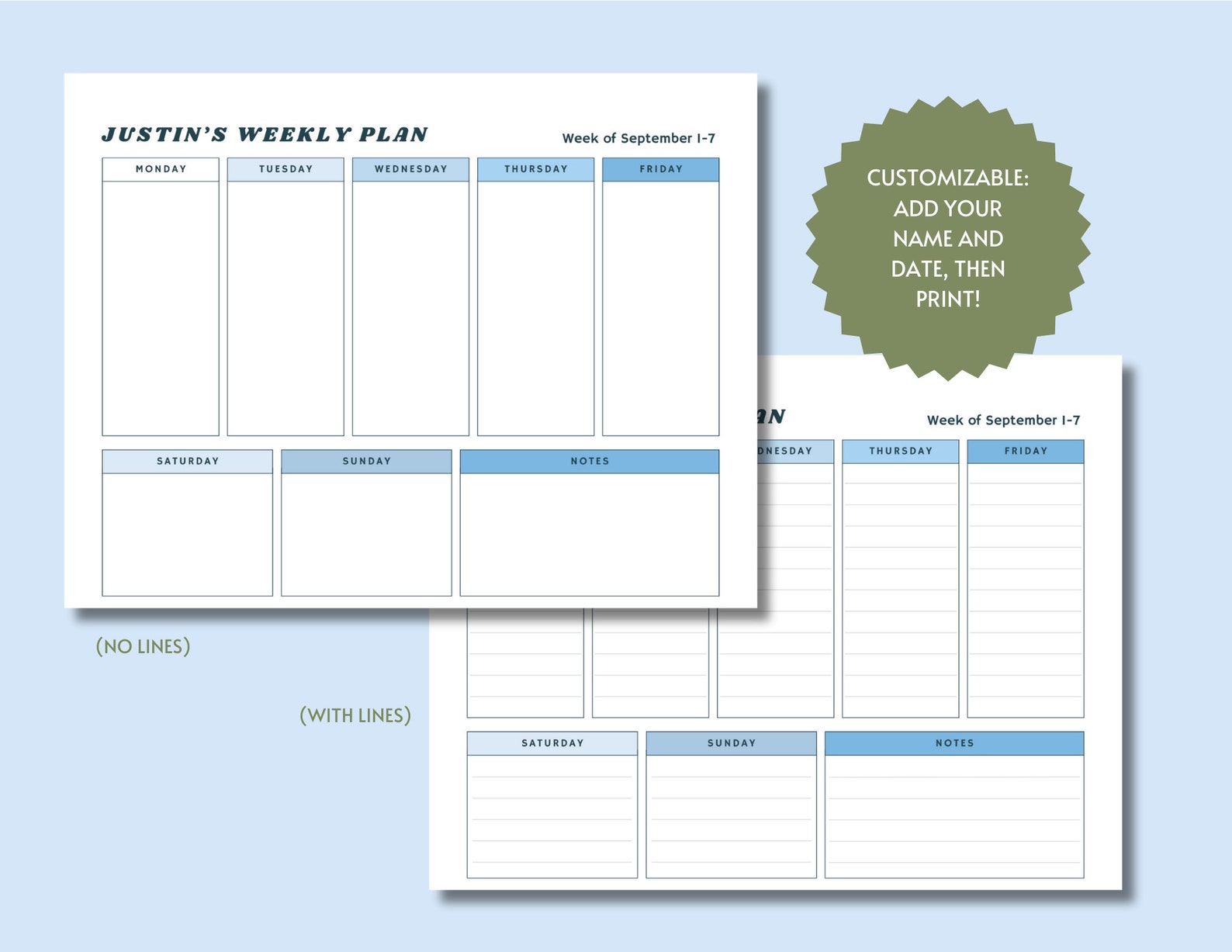 Printable Weekly Planner | Blue Ombre Weekly Calendar | Digital Week ...