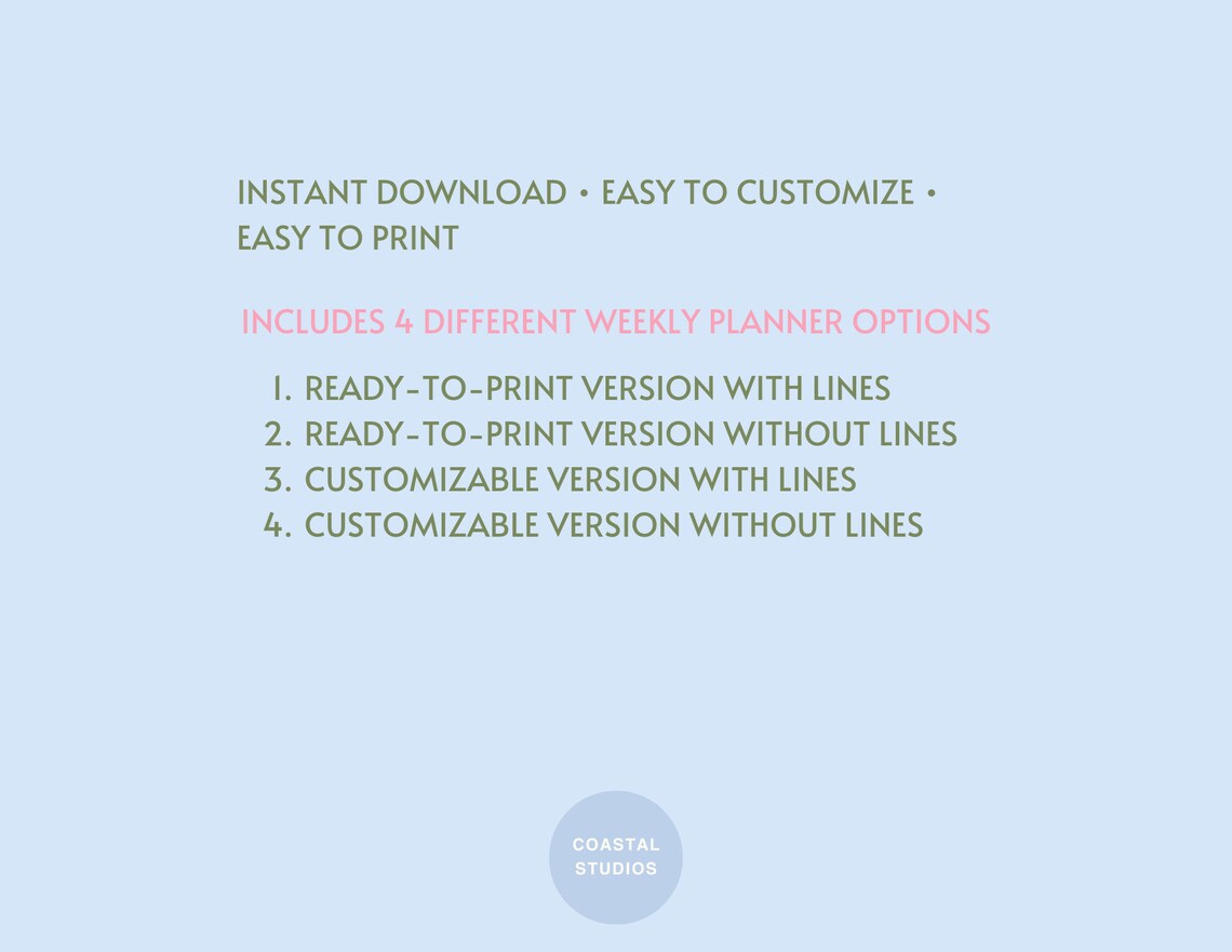Printable Weekly Planner | Blue Ombre Weekly Calendar | Digital Week ...