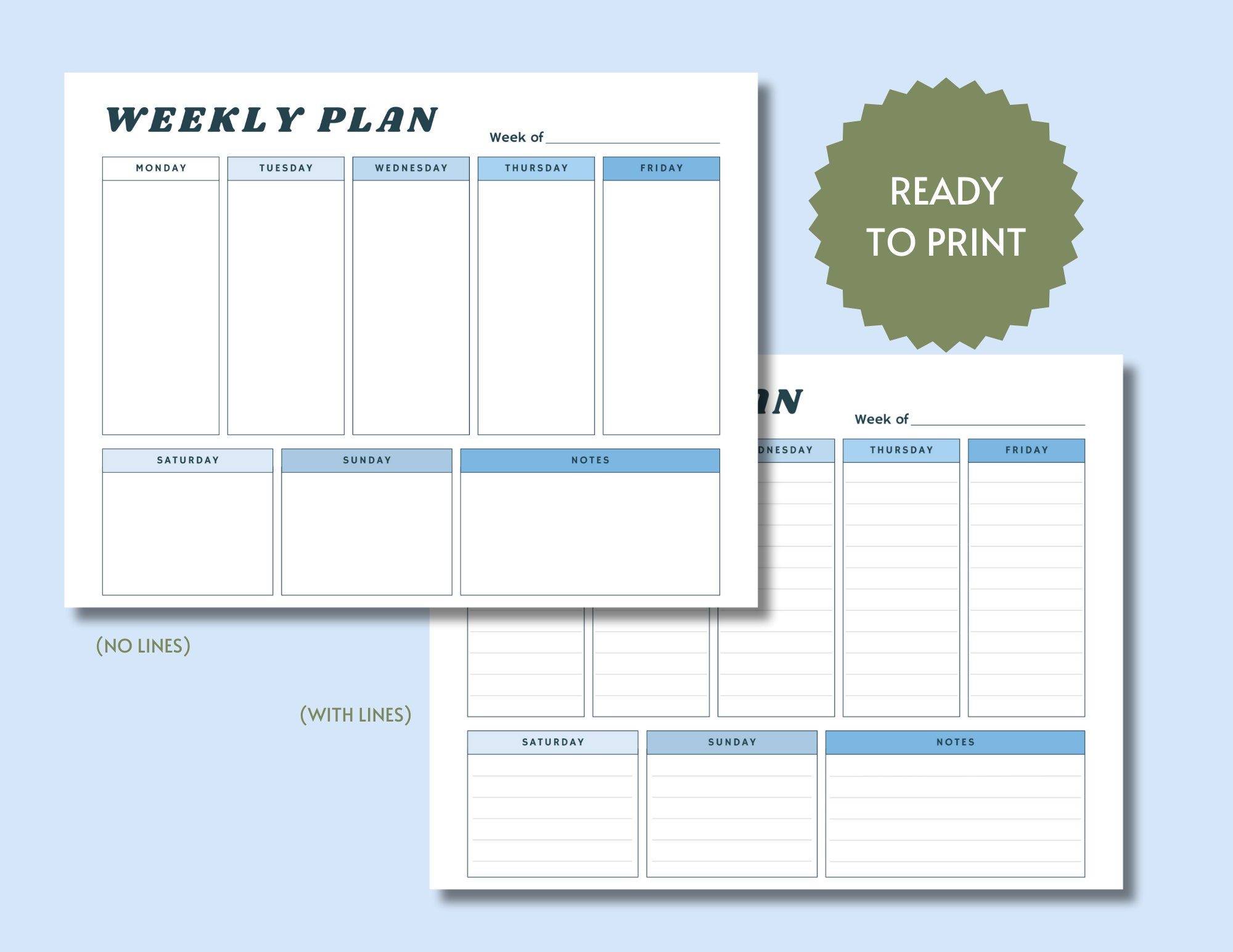 Printable Weekly Planner | Blue Ombre Weekly Calendar | Digital Week ...