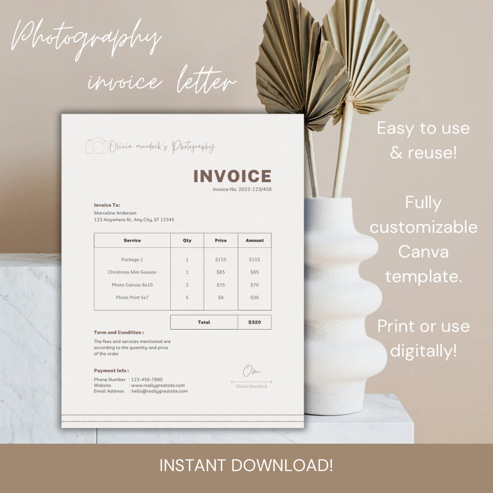 Invoice Photography Template, CANVA Invoice Template, Photographer ...