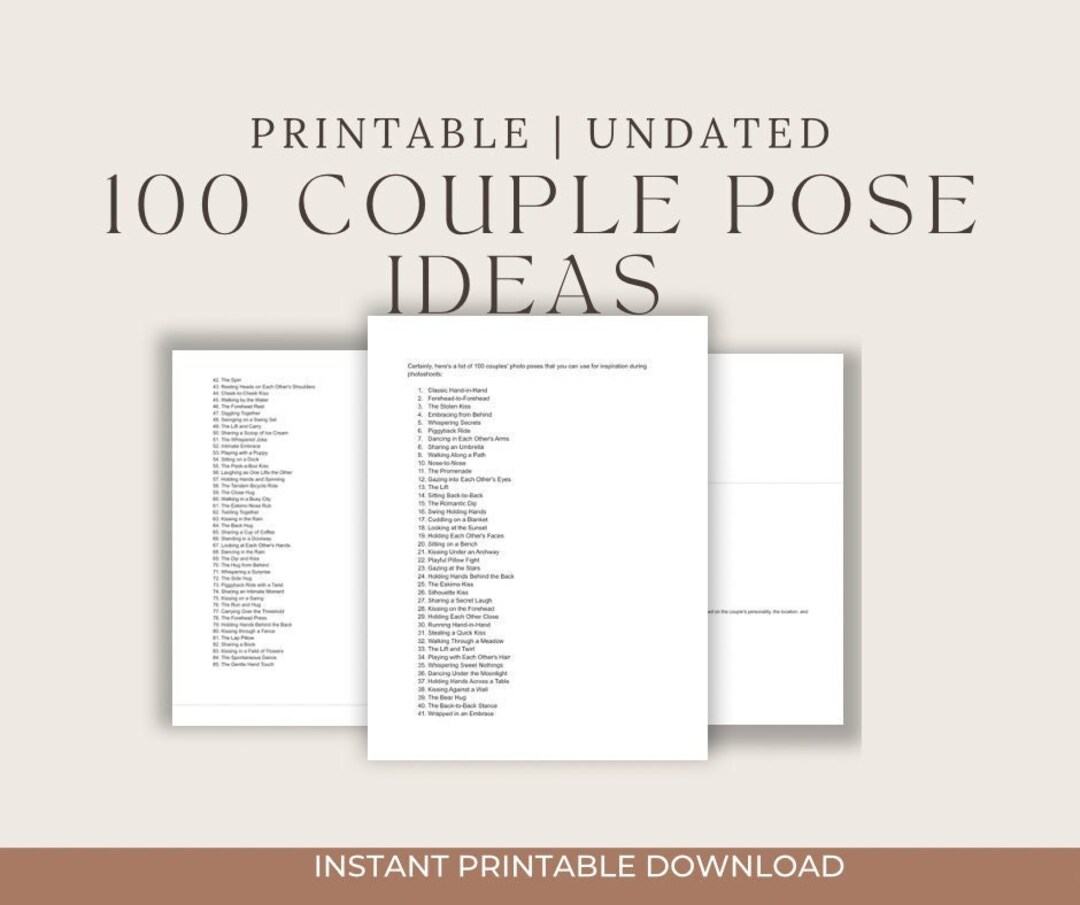 Pose Guide for Couple Sessions (list of 100 Poses) - Etsy