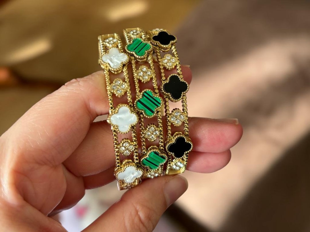 Gold Plated Four Leaf Clover Bangle - Emerald Four Leaf Bangle - White ...