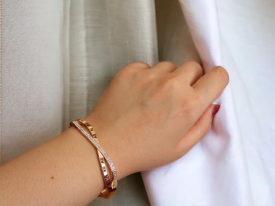 Gold Plated Roman Numeral Bangle - Minimalist Alloy Bracelet - Etsy