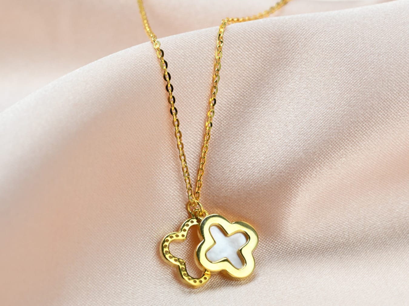 Sterling Four Leaf Flower Pendant Necklace Luxurious Double Four Leave ...