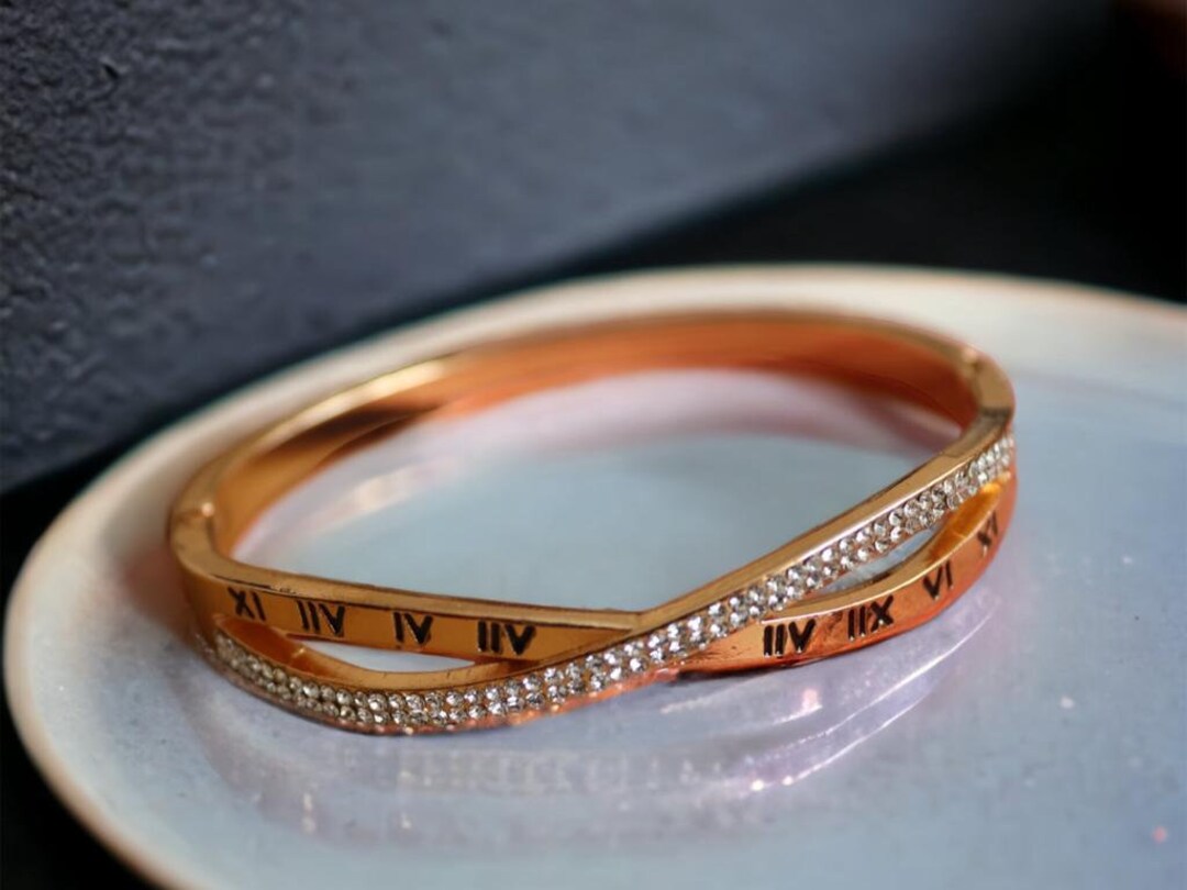 Gold Plated Engraved Roman Numeral Bangle Gold Stackable - Etsy
