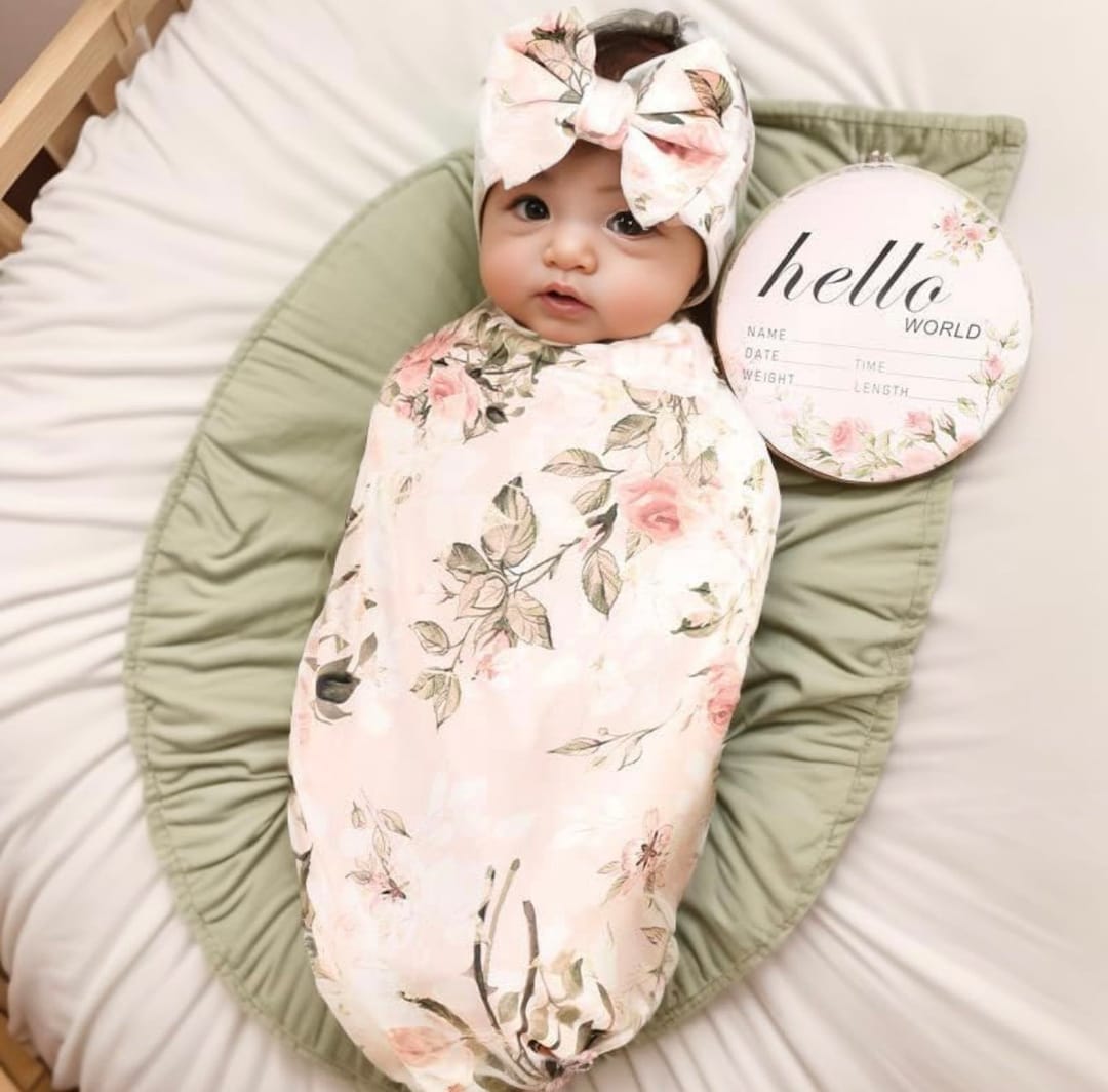 Newborn Receiving Blanket Headband Set Flower Print Baby Swaddle ...