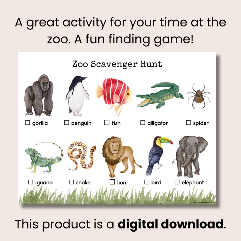 Printable Scavenger Hunt, Zoo Scavenger Hunt, Animal Party Game, Animal ...