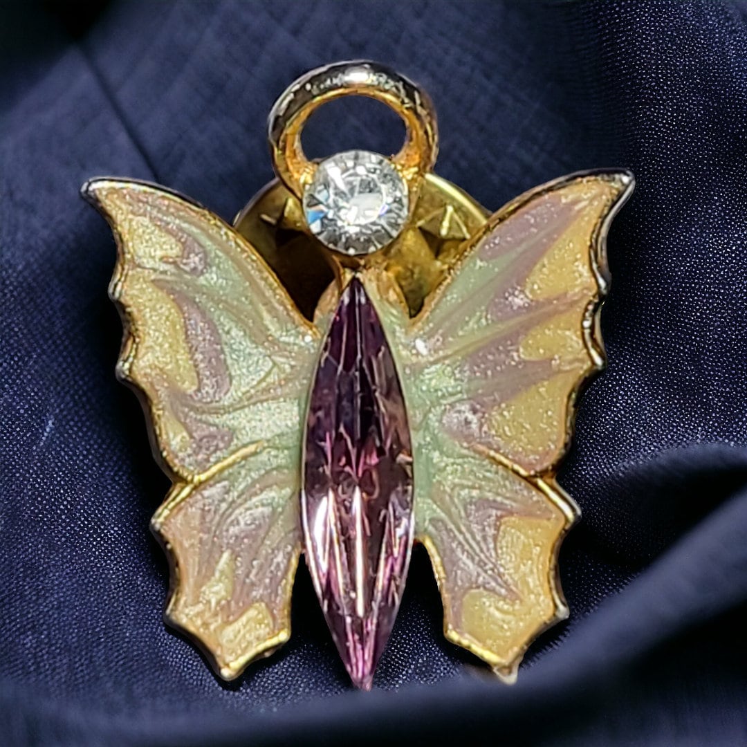 Vintage Guardian Angel Butterfly Lapel Pinback Pin Gold Tone Rhinestone ...